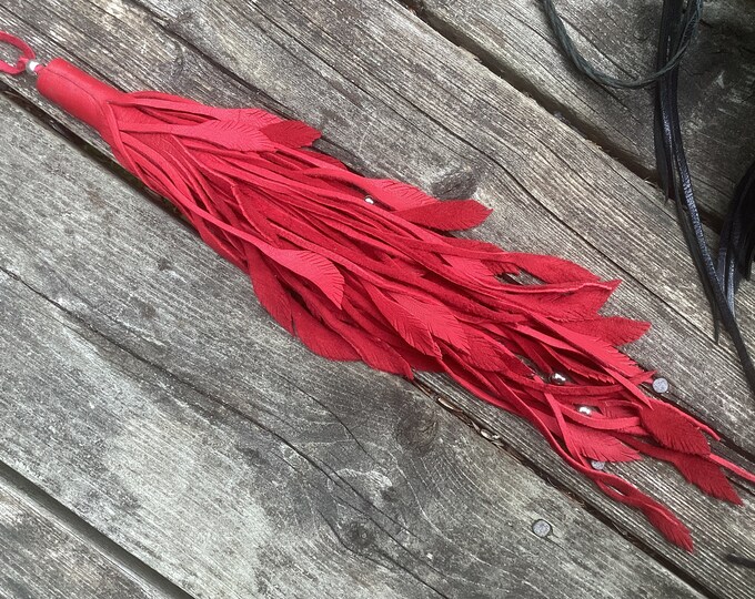 One of A Kind Fringed Purse Tassel ,large Red Leather Feather Tassel ...