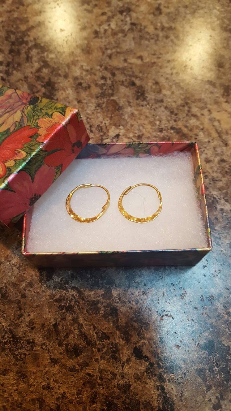 24K Solid Gold Hammered Hoops. Rustic, Rough Finish, Pure 24K Gold ...