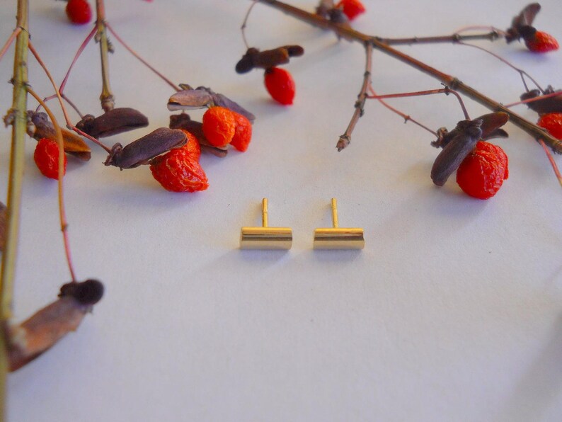 18K Solid Gold Studs: Tiny Bar Earrings for Second Hole - Etsy