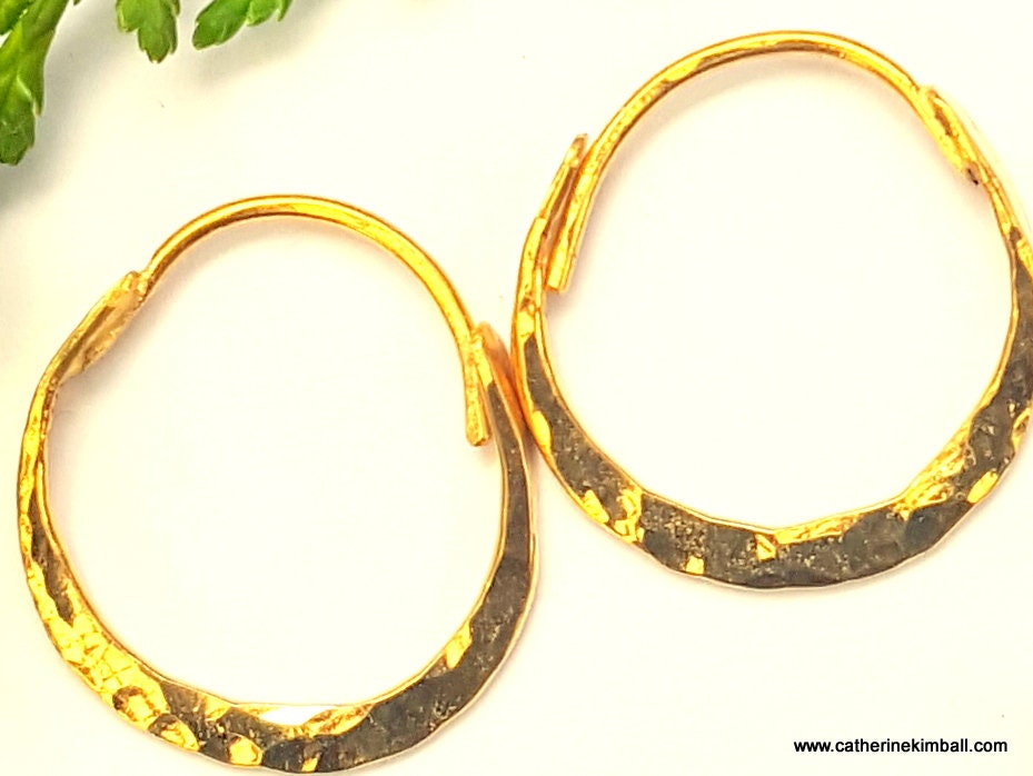 24K Solid Gold Hammered Hoops. Rustic, Rough Finish, Pure 24K Gold ...