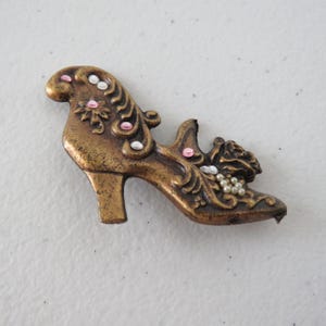 Hidden Heart Victorian Shoe Gold Tone Brooch Floral Rhinestone Pearls ...