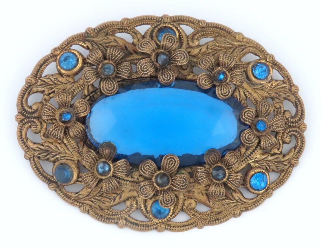 C.1920 Czech MAX NEIGER Large Art Deco Blue Glass Floral Pin / Brooch ...