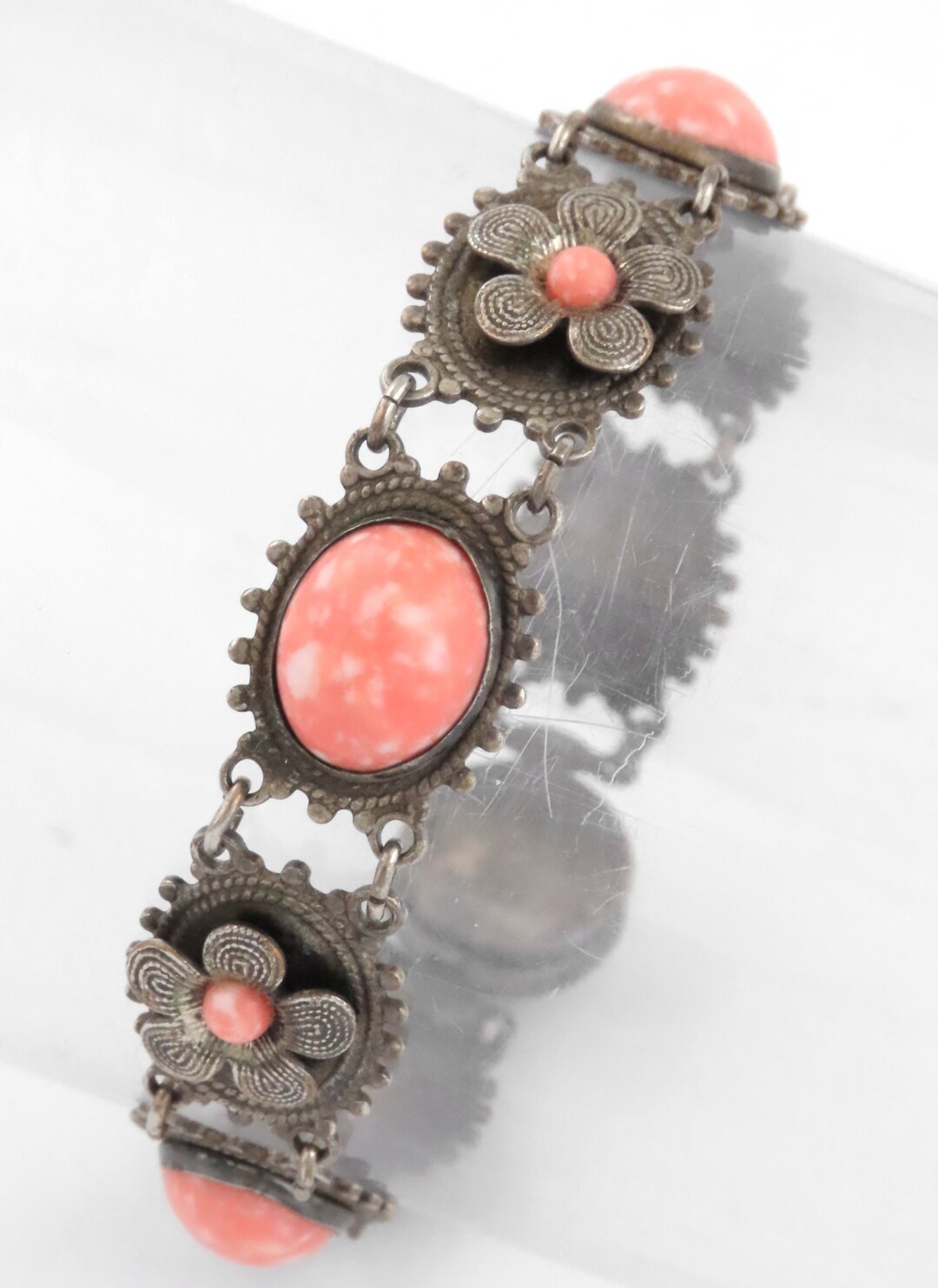 C.1930 - MAX NEIGER - Czech Art Deco Pink Glass Cabochons Floral Link ...