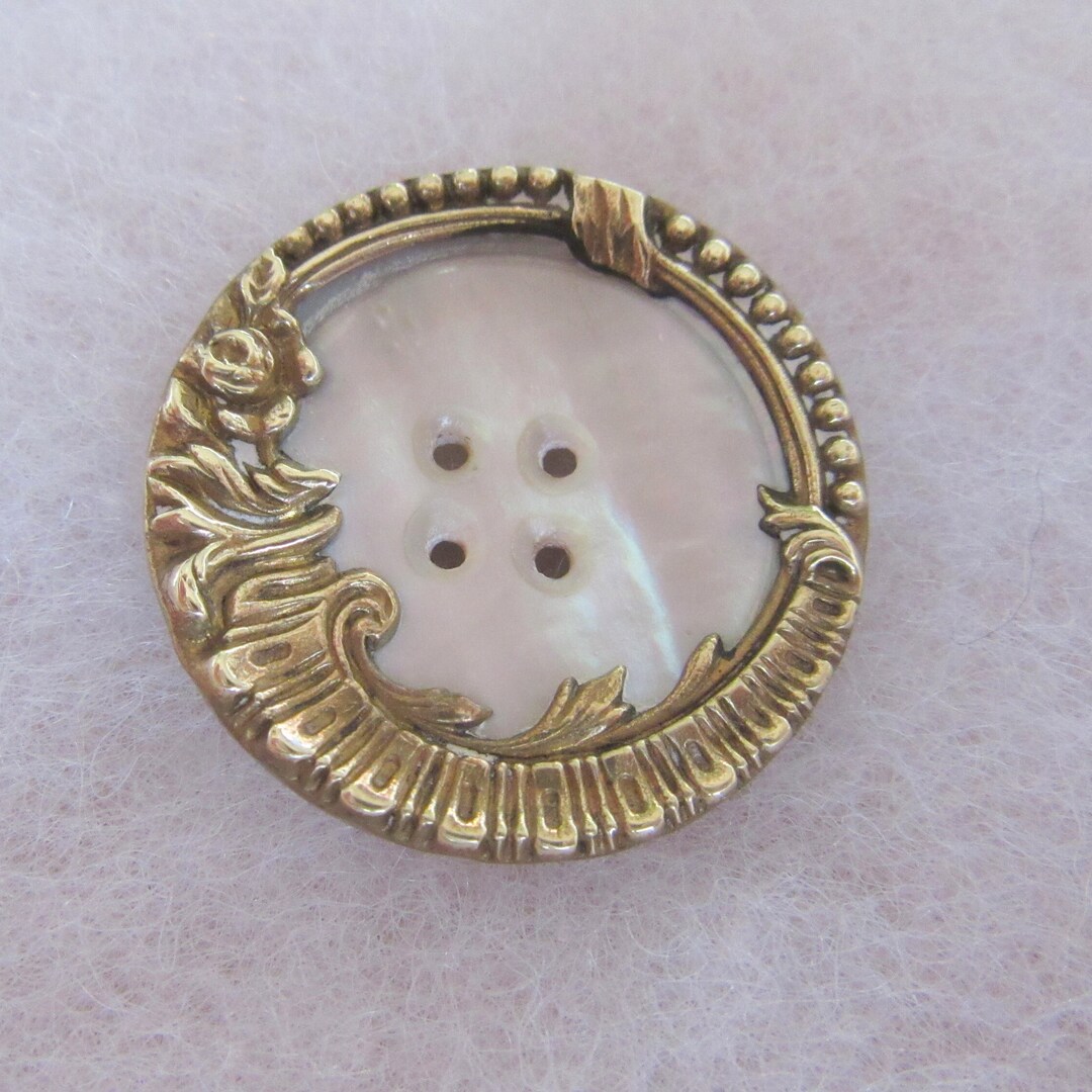 Large Antique Sewing Button 4 Hole Sew Through Shell With Stamped Brass ...