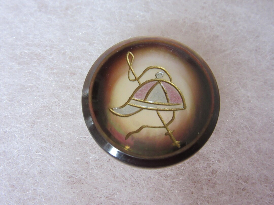 Medium Antique Shell Sewing Button Pictorial Jockey Cap and Riding Crop ...