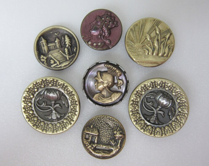 7 Small Antique Brass Sewing Buttons Interesting Variety Queen, Warrior ...