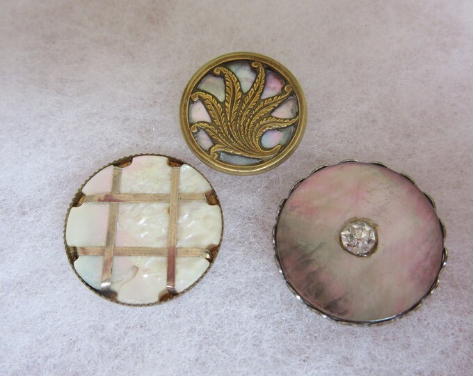 3 Vintage Antique Sewing Buttons - Shell Mounted in Metal - One With ...