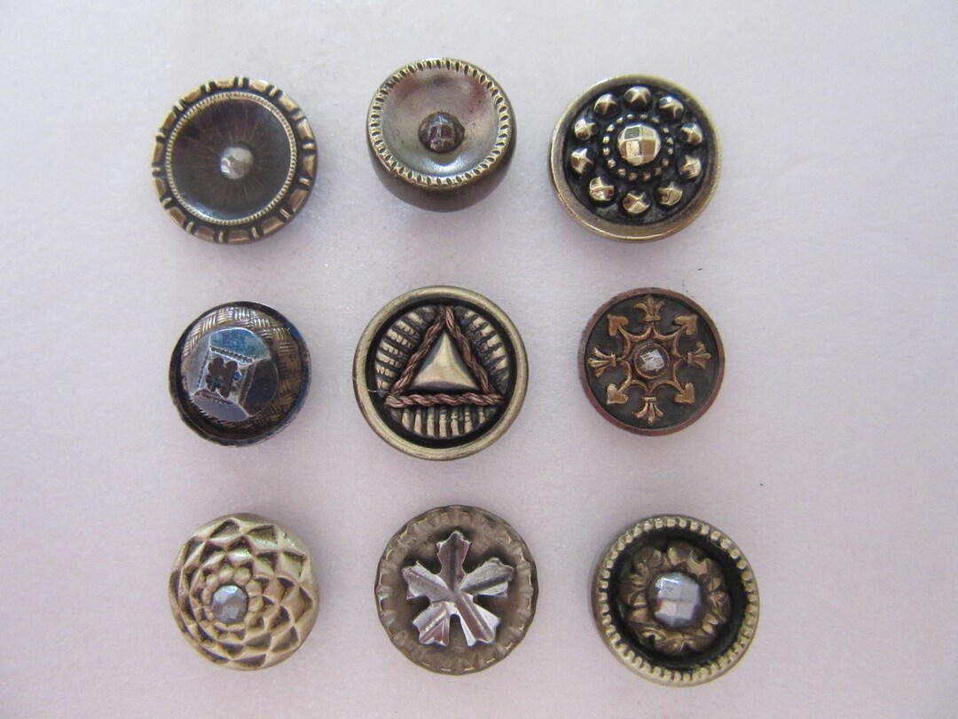 Lot of 9 Small Antique Sewing Buttons - Variety - Brass, Steel ...