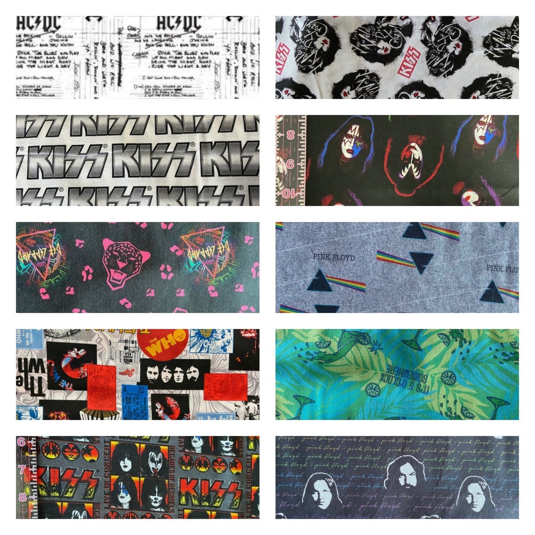 1/2 Yard Music Band Cotton Fabric / ACDC / Kiss / Led Zeppelin / Def ...