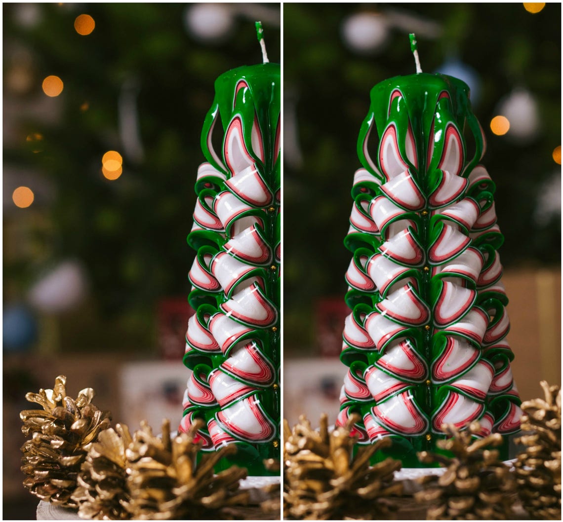Carved Candle Christmas Tree Art Candle Green Red Large Hand | Etsy