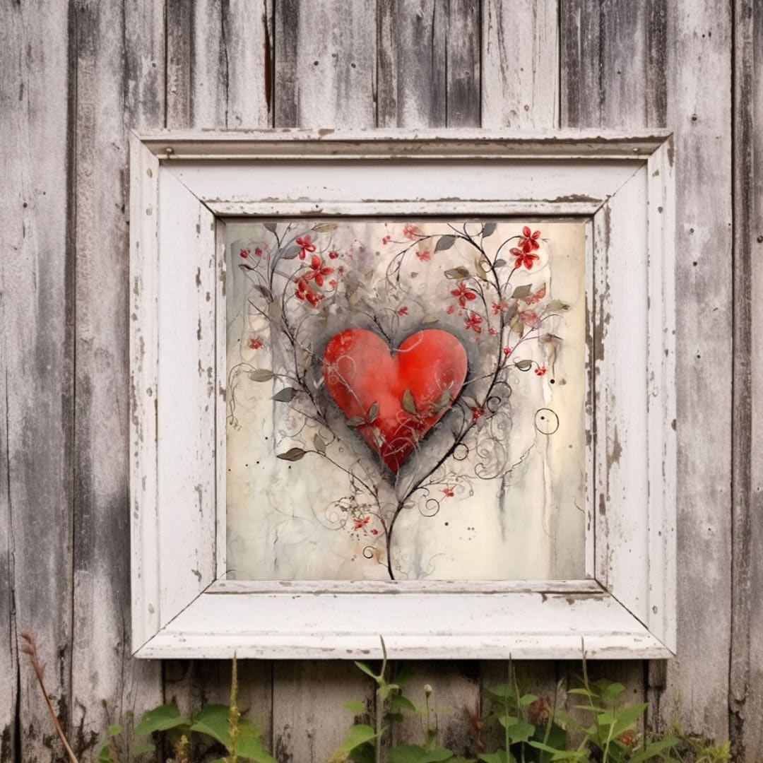 Red Heart With Floral Embrace Romantic Digital Print Love Wall Artred ...