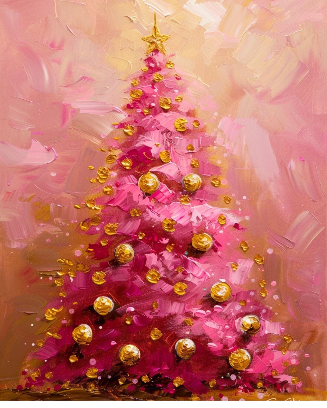 Twilight Christmas Tree Art: Pink & Gold Holiday Print (digital ...