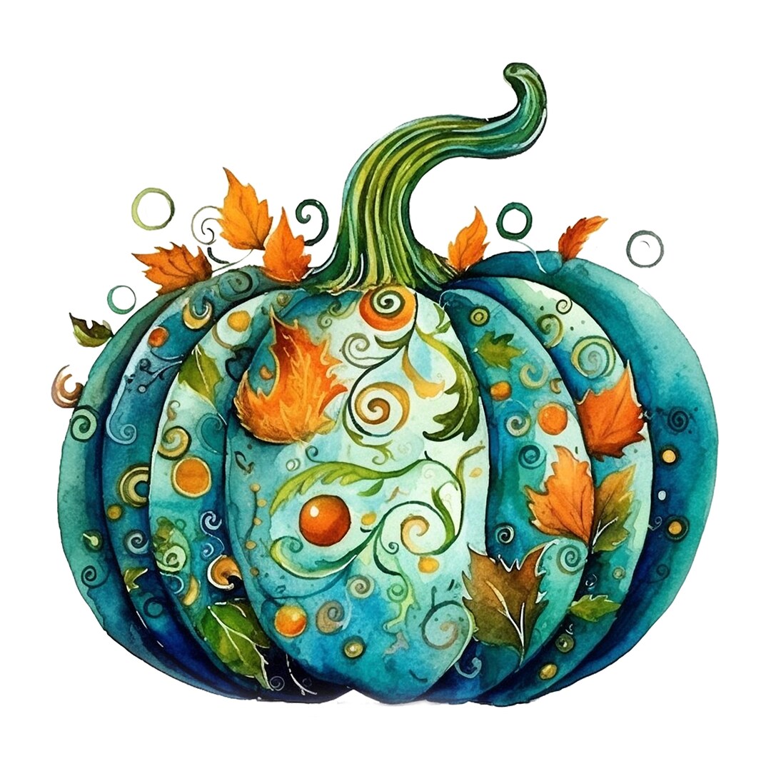 Digital File of a Whimsical Pumpkin Design: Teal and Orange Leaves and ...