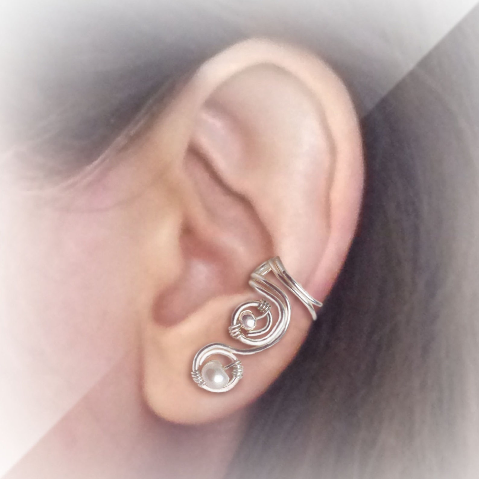 Silver Ear Cuff White Swirly Ear Wrap White Pearl Ear Wrap - Etsy