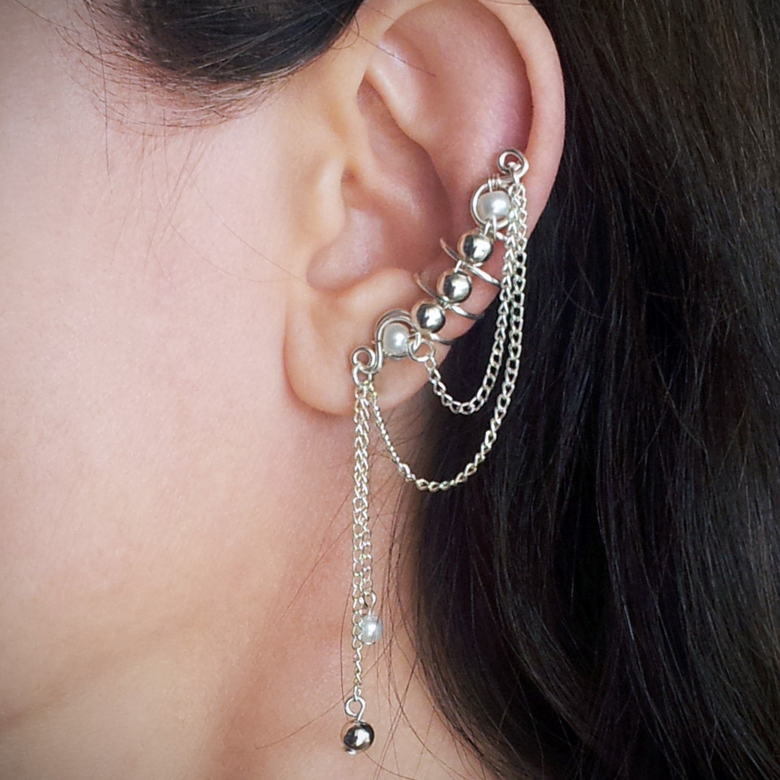Silver Ear Cuff With Chain Matching Earring - Etsy