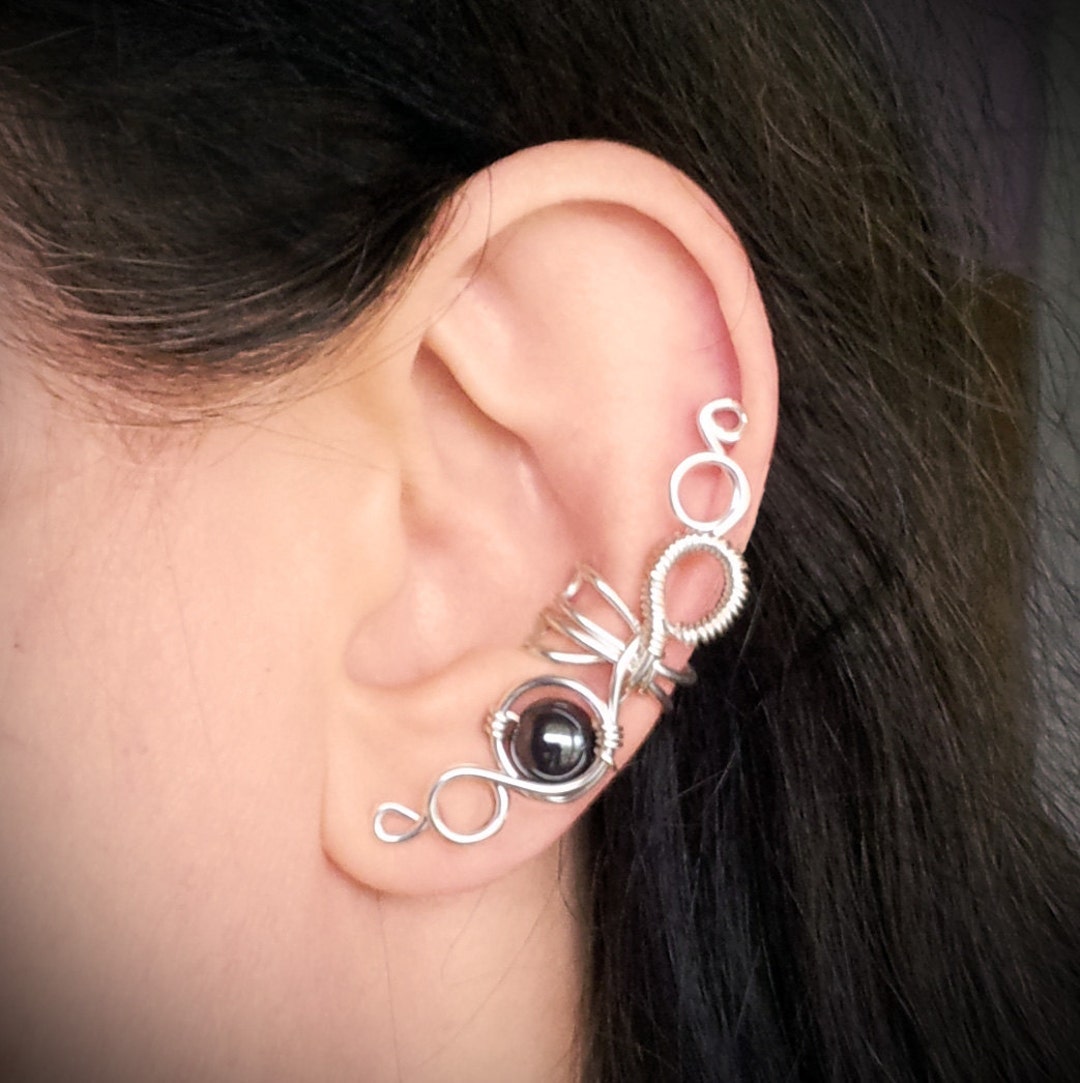 Silver Ear Cuff Black Large Hematite Ear Wrap - Etsy