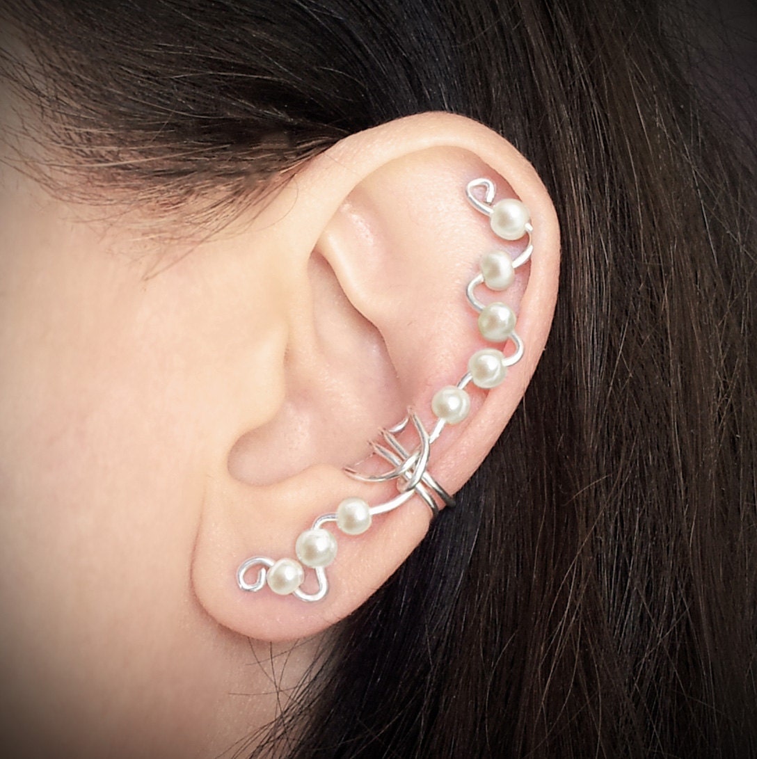 Silver Ear Cuff Silver plated Ear Champagne White Pearls | Etsy