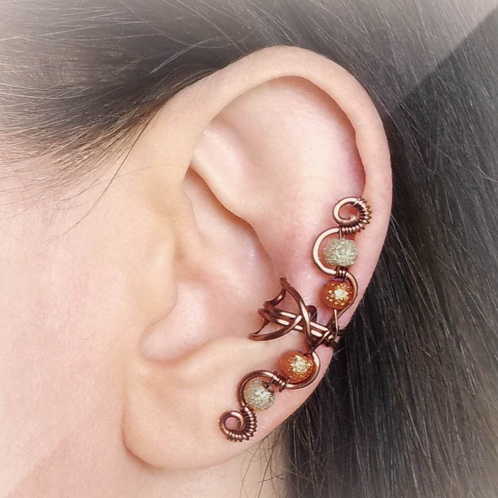 Antique Copper Ear Cuff Purple Glass Moon Beads Ear Wrap - Etsy