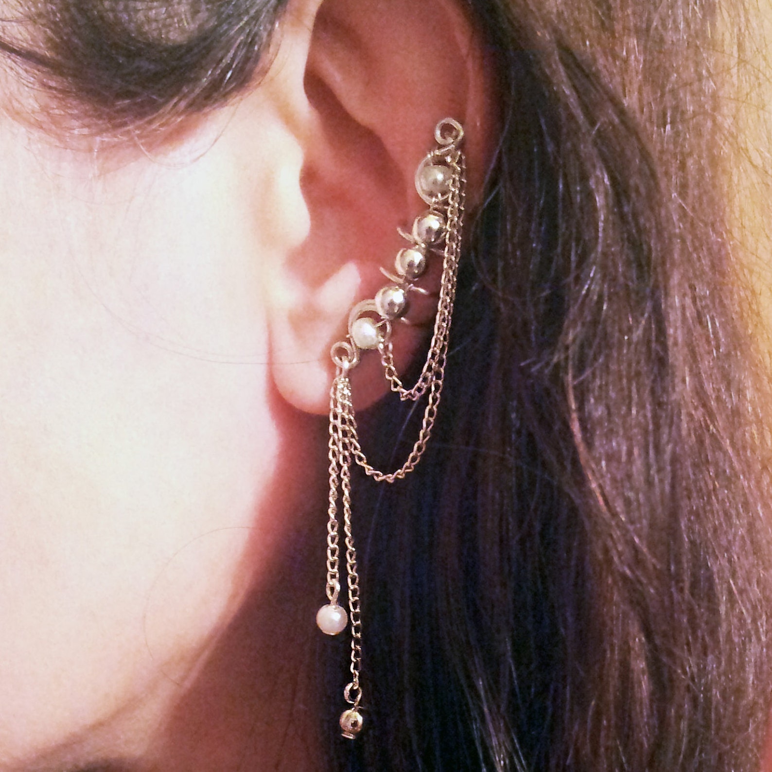 Silver Ear Cuff With Chain Matching Earring - Etsy