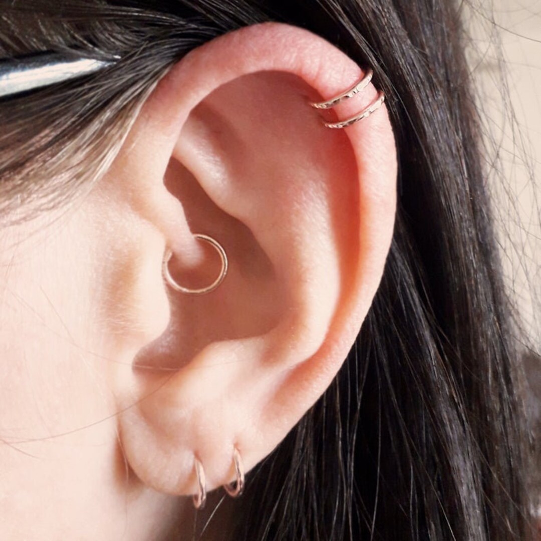 Hammered Sterling Silver Helix Hoops, Fake Helix Ring, Two Ring Helix ...