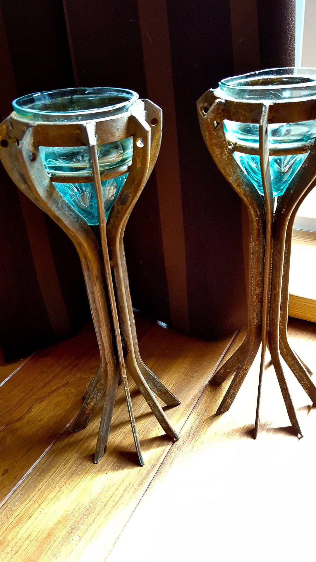 Candle Holder Pair With Blown Caged Glass, Maritime, Brutalist ...