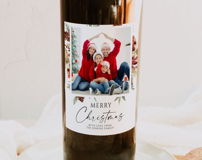 Modern Christmas Wine Bottle Label With Photo Digital Template ...