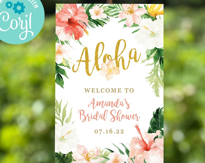 TROPICAL ALOHA WELCOME Party Sign Tropical Shower Hawaiian Party Baby ...