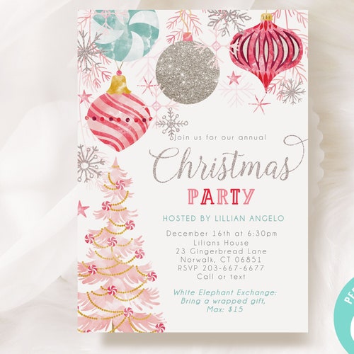 Pink Christmas Party Invitation Pink Holiday Party Invite - Etsy