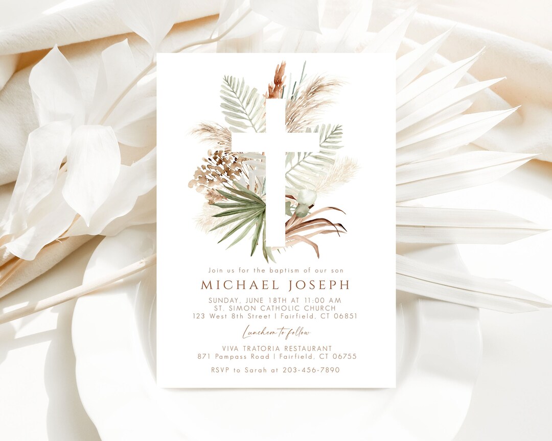 Simple Boho Baptism Invitation Template / Pampas Grass Christening ...