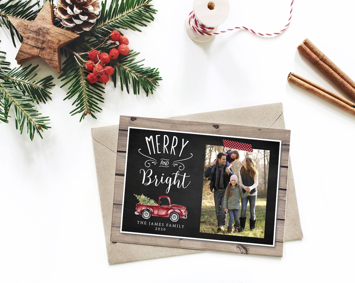 Red Truck Christmas Card with Photo Template Printable Xmas | Etsy