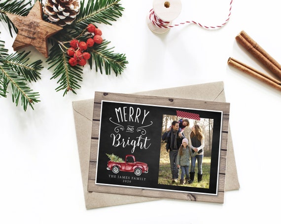 Red Truck Christmas Card with Photo Template Printable Xmas | Etsy