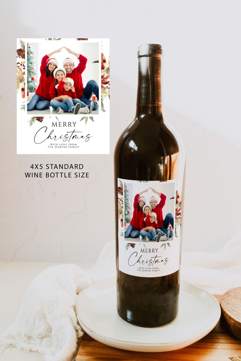 Modern Christmas Wine Bottle Label With Photo Digital Template - Etsy