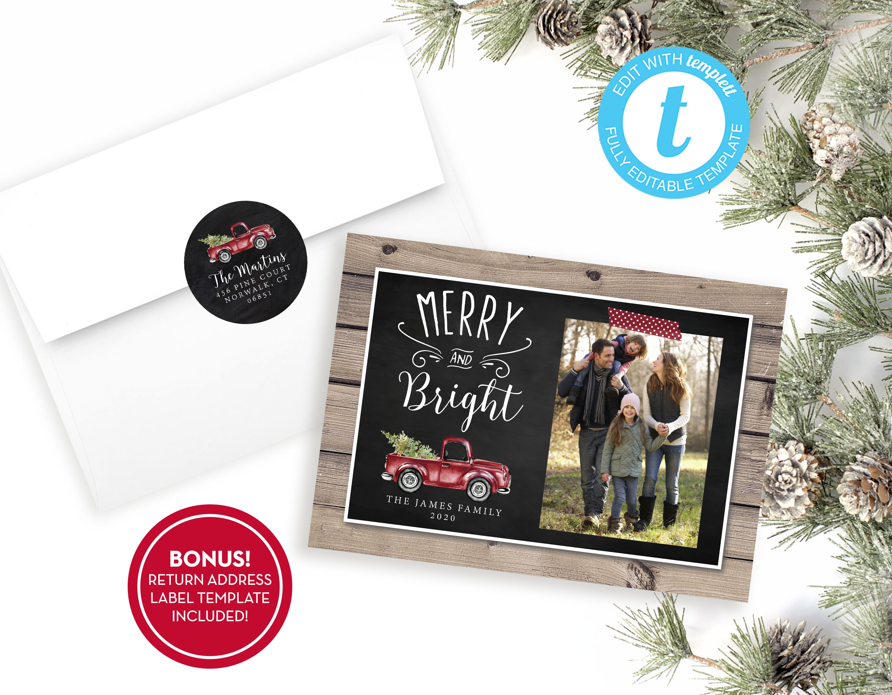 Red Truck Christmas Card with Photo Template Printable Xmas | Etsy