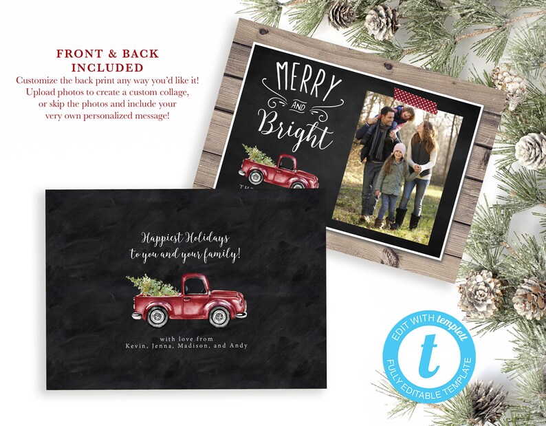 Red Truck Christmas Card with Photo Template Printable Xmas | Etsy