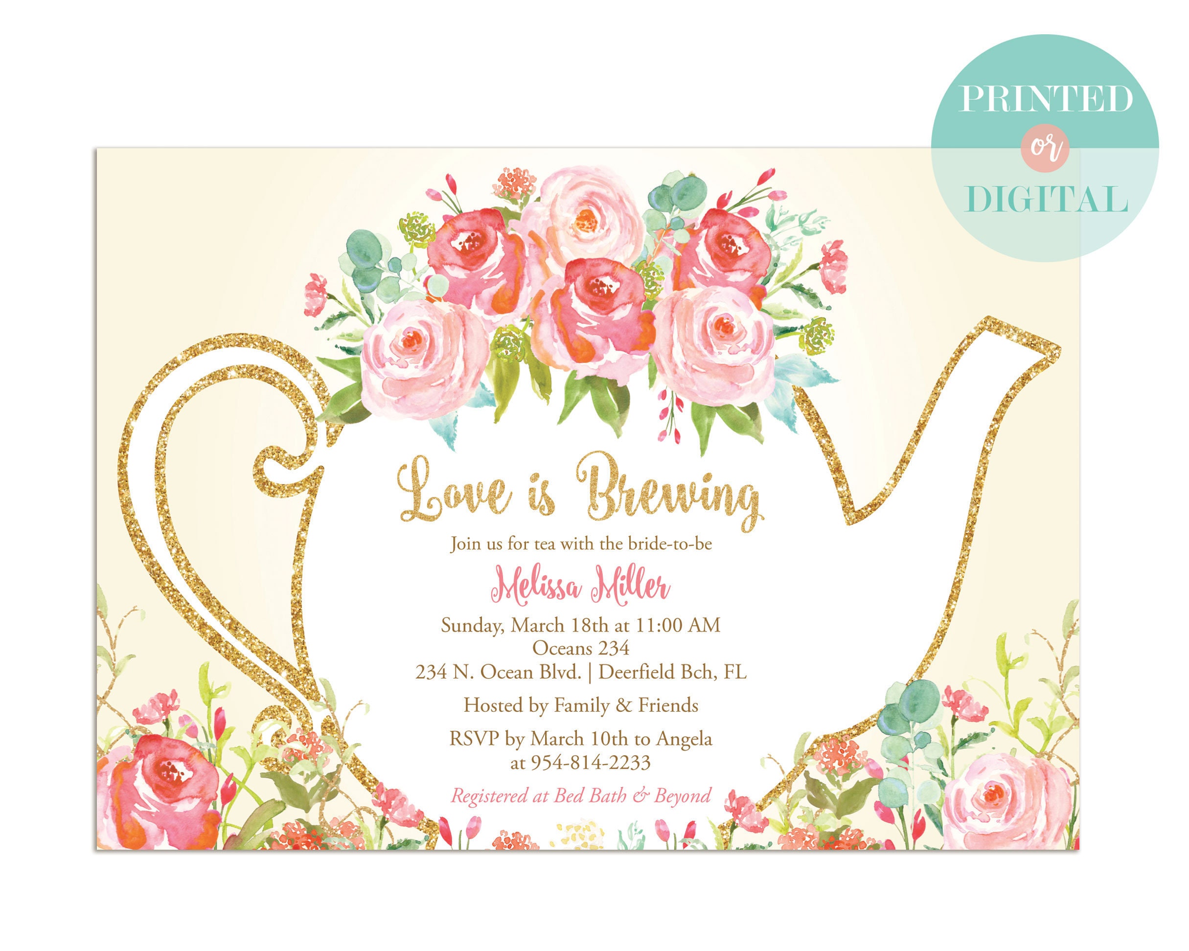 Bridal Shower Tea Party Invitation Printed Or Digital Etsy