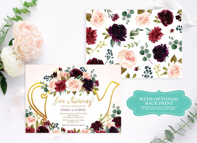 Blush and Burgundy Floral Teapot Bridal Shower Tea Party - Etsy