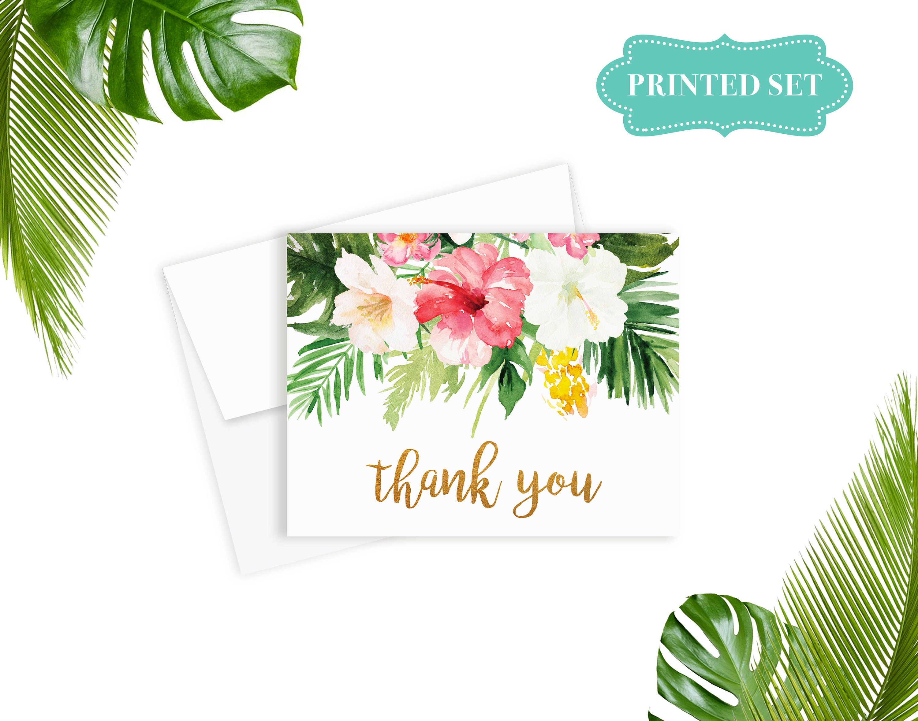 Tropical Floral Printed Thank You Cards / Aloha Party Thank You Card ...