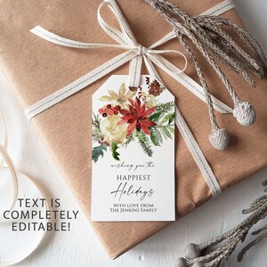 Editable Christmas Gift Tag Digital Template / Poinsettia Holly Floral ...
