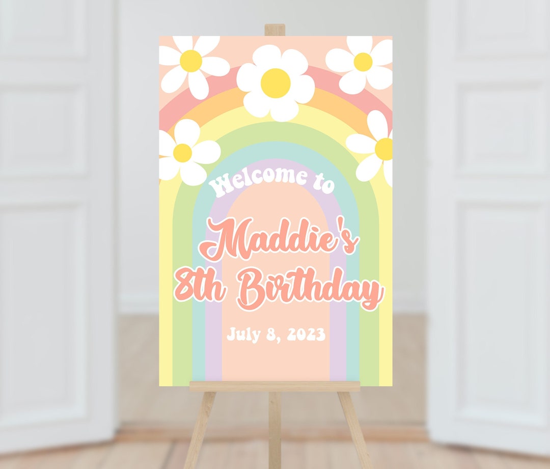 Daisy Rainbow Birthday Party Sign Poster Template / Groovy Pastel ...