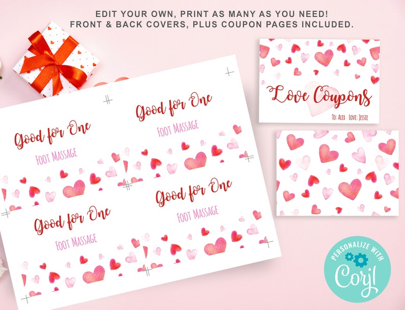 Editable Love Coupons / Watercolor Hearts Valentine's Day - Etsy
