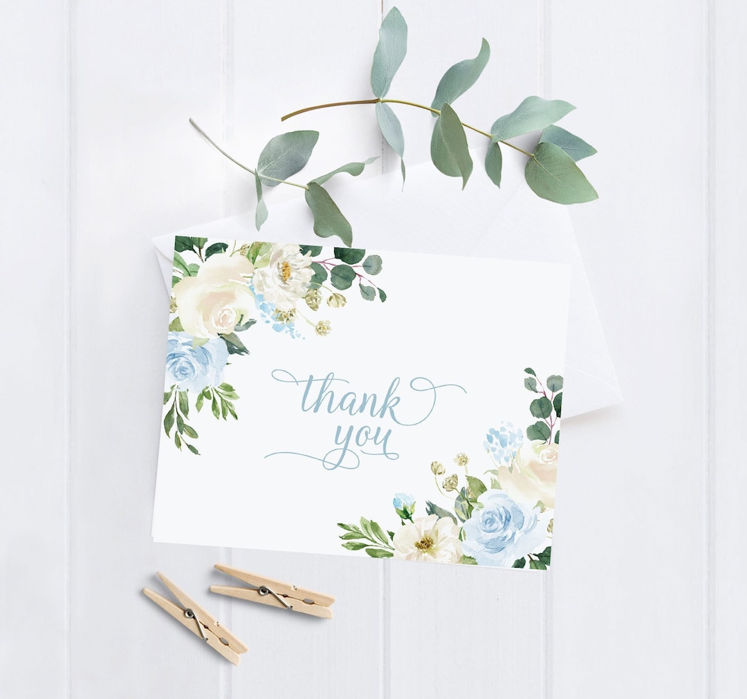 Light Blue Floral Thank You Cards Printed / Dusty Blue Floral Thank You ...