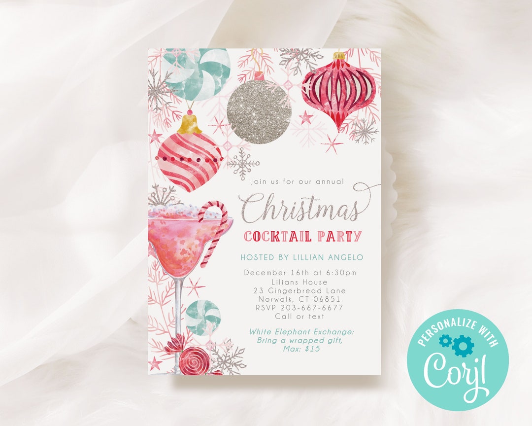 Peppermint Christmas Cocktail Party Invitation Editable Template / Pink ...