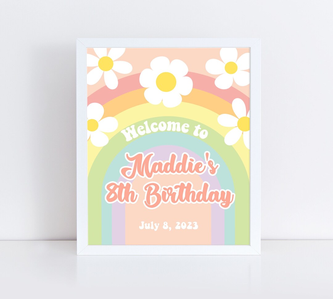 Daisy Rainbow Birthday Party Welcome Sign Template / Groovy Pastel ...