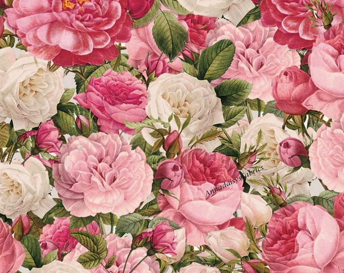 Pink Roses Fabric, David Textiles CA-3038 vintage Rose Bouquet, Pink ...