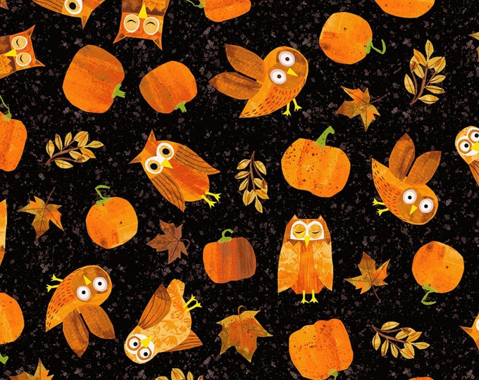 Tossed Fall Leaves, Pumpkins, Owls Fabric, Clothworks Haunted Hollow ...
