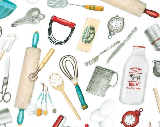 Retro Kitchen Utensils Fabric, Robert Kaufman Kiss the Cook 19298, Food ...