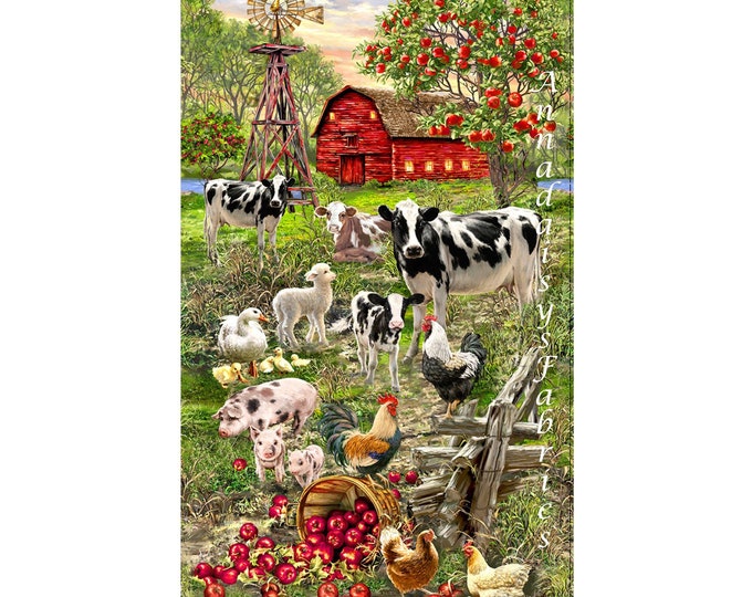 Farm Animal Fabric Panel, Dairy Cow, Spotted Pig, Sheep, Red Barn ...