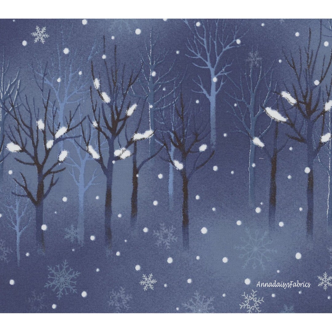 Blue Winter Trees Fabric, Christmas Fabric, Metallic Snowflake ...