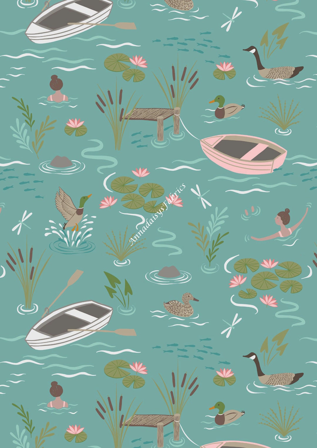 Lake Fabric, Swimming, Ducks, Lilly Pads, Rowboat, Lewis & Irene on the ...