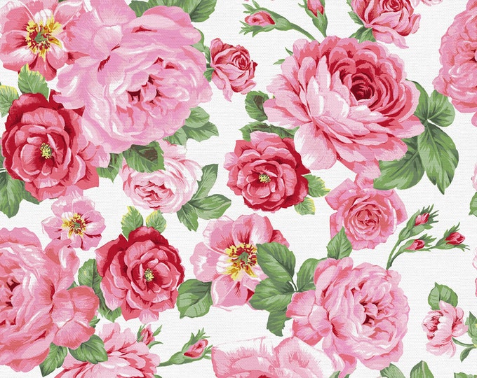 Coral & Pink Roses Fabric, Paintbrush Studio Spring Bouquet 21572 ...